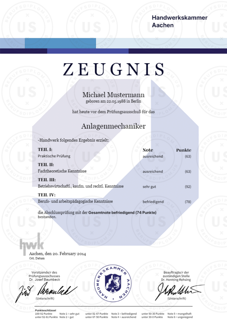 HWK Certificates – Sample 02 – Certificate & Diploma Safely